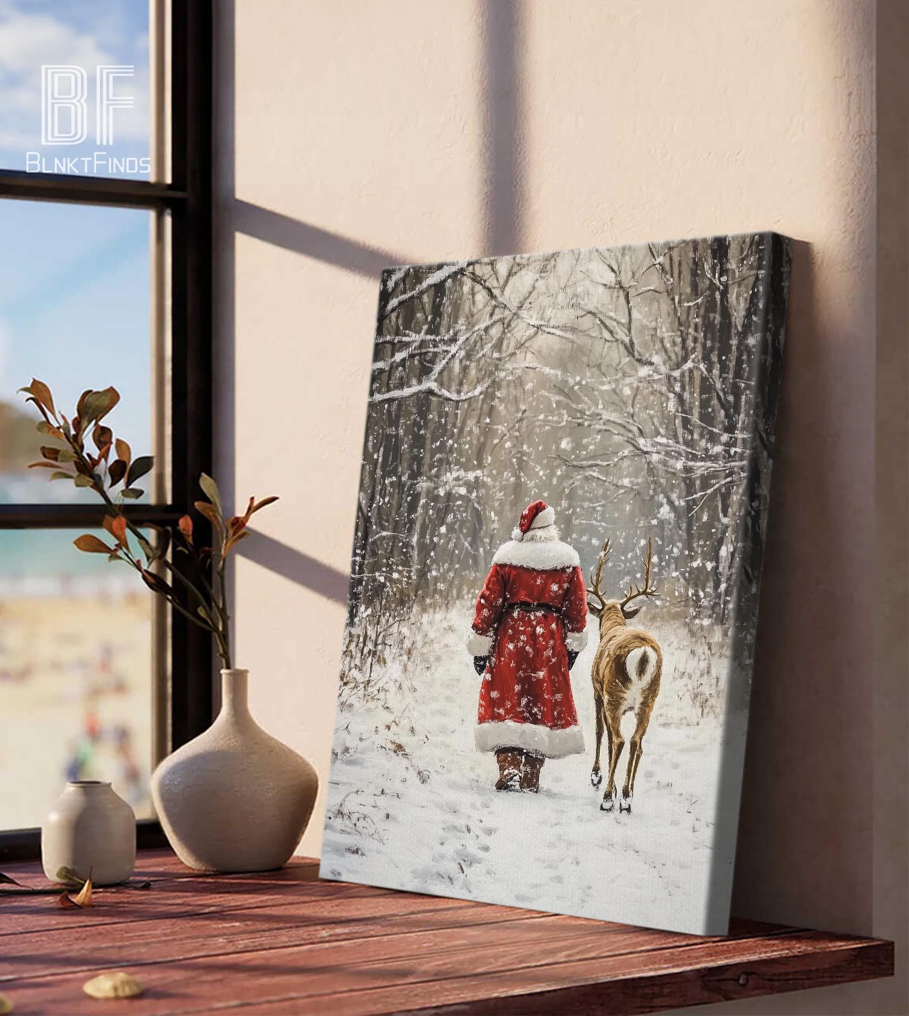 Santa and Reindeer in Snowy Forest Canvas, Winter Wonderland Holiday ...