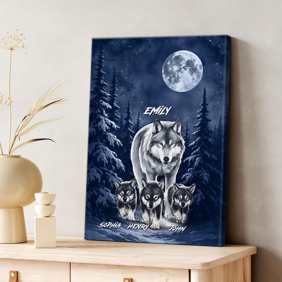 Custom Name Wolf Pack Canvas, Family Animal Poster, Rustic Cabin, Full ...