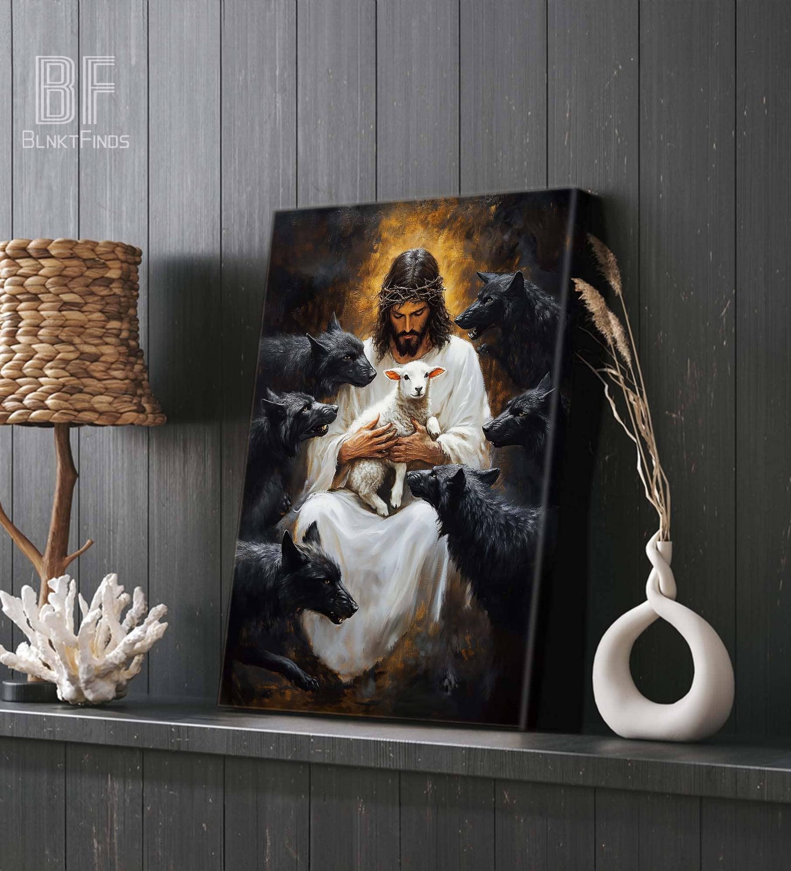 Jesus Protecting Lamb From Wolves Canvas, Spiritual Christian Art ...