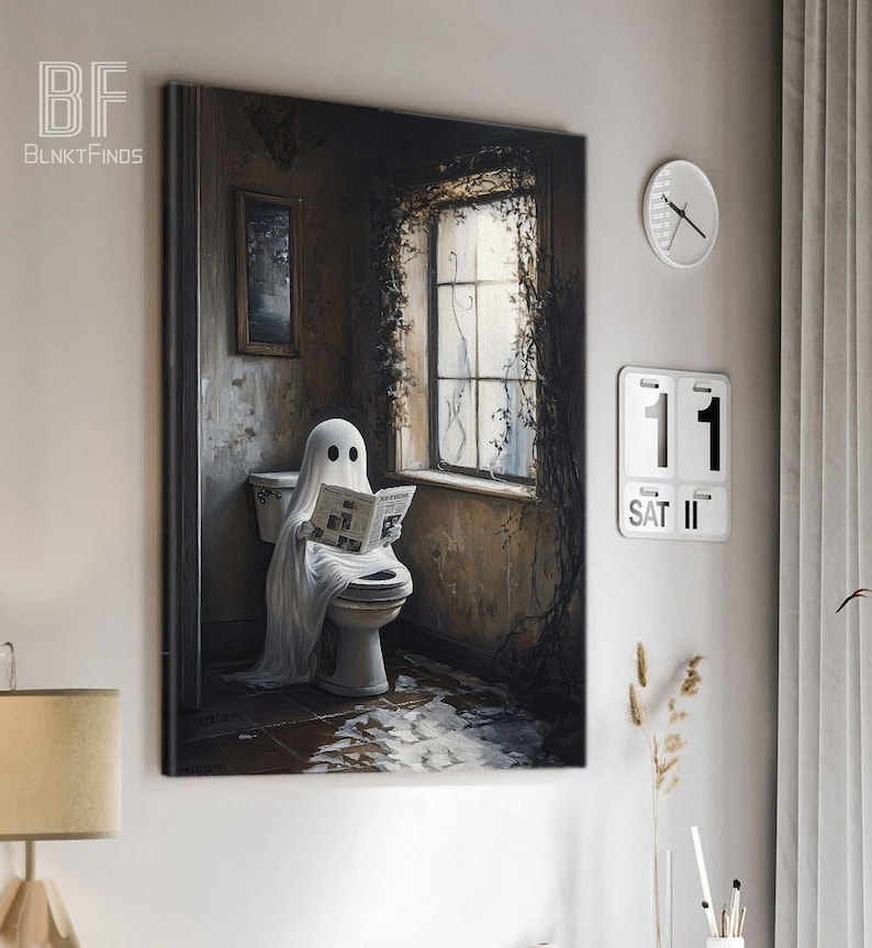 Ghost on Toilet CANVAS Ghost in Bathroom Art Dark Academia, Halloween ...