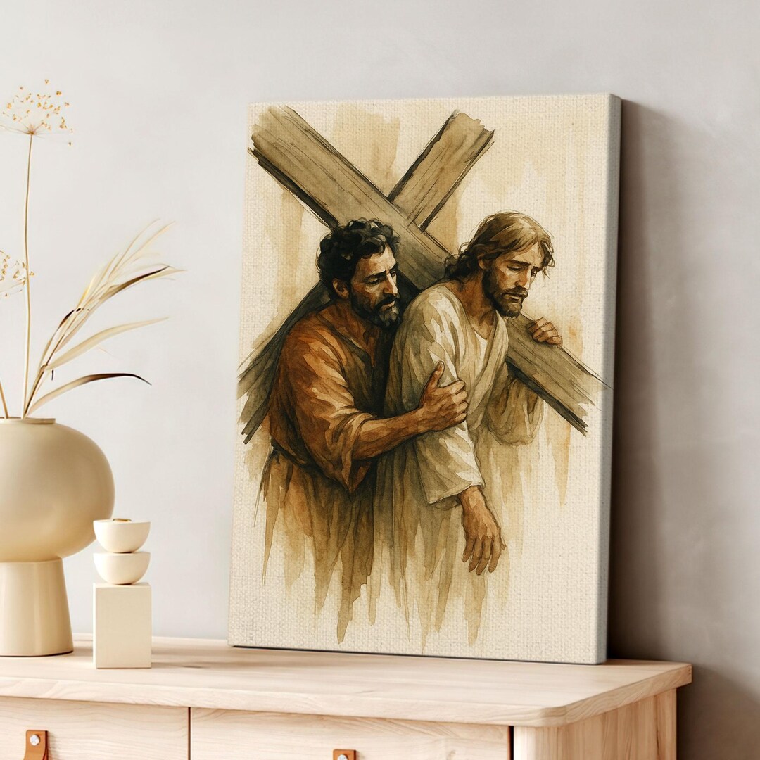 Jesus Carrying the Cross With Simon Canvas, Watercolor Christian ...