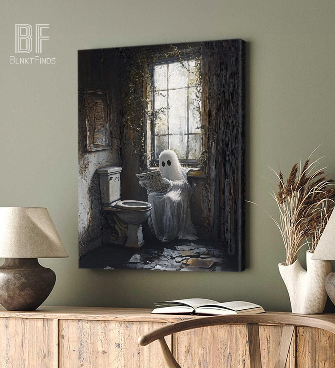 Funny Ghost on Toilet CANVAS Ghost in Bathroom Art Dark Academia ...