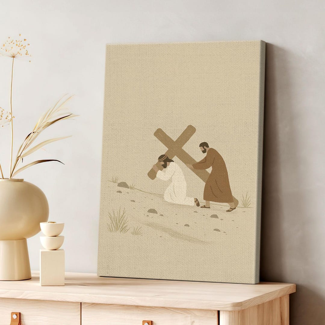Jesus and Simon Carrying the Cross Canvas Art, Minimalist Christian ...