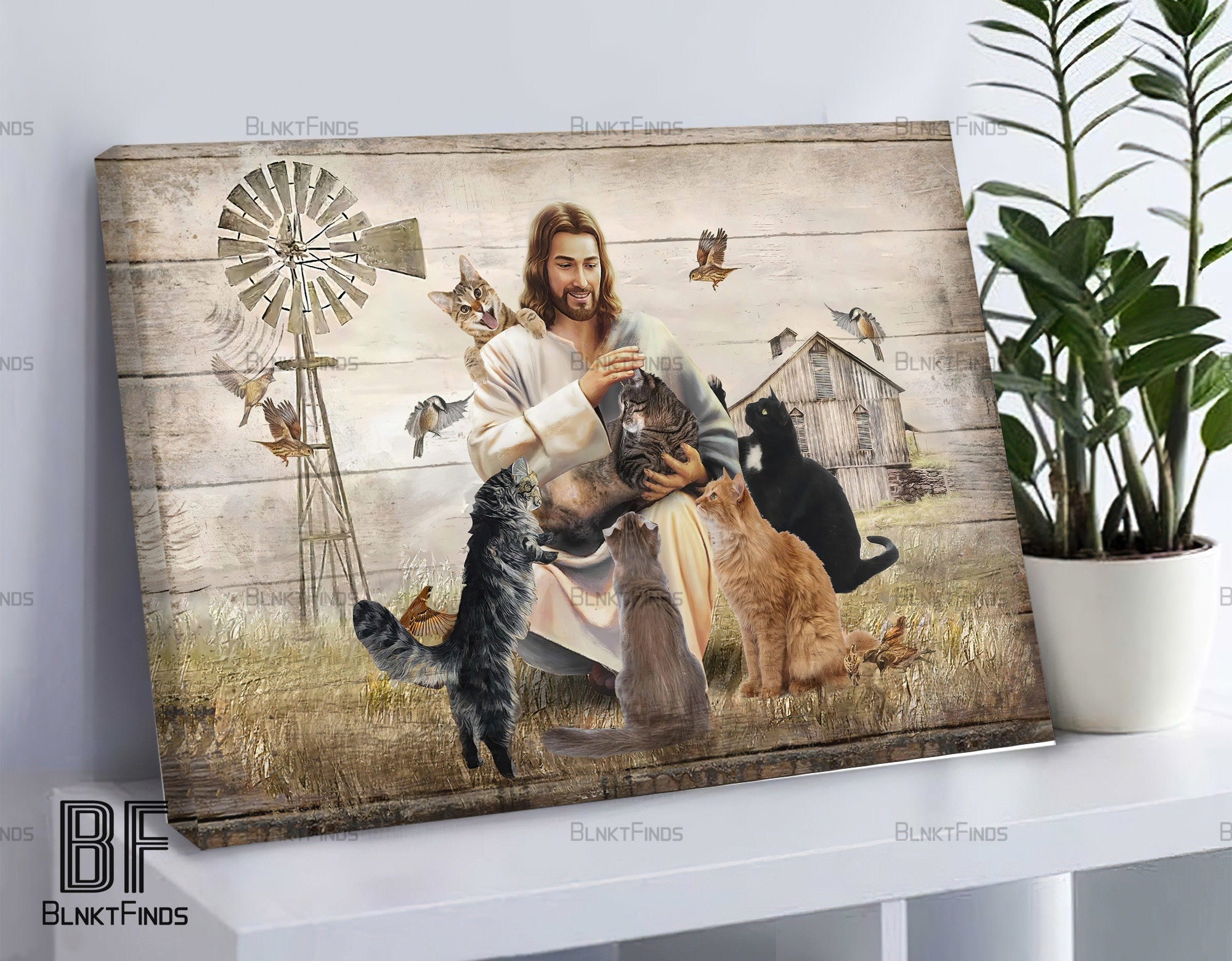 Jesus Hug Cats Canvas, Tranquil Farm Art, Cats With Jesus Painting, God ...