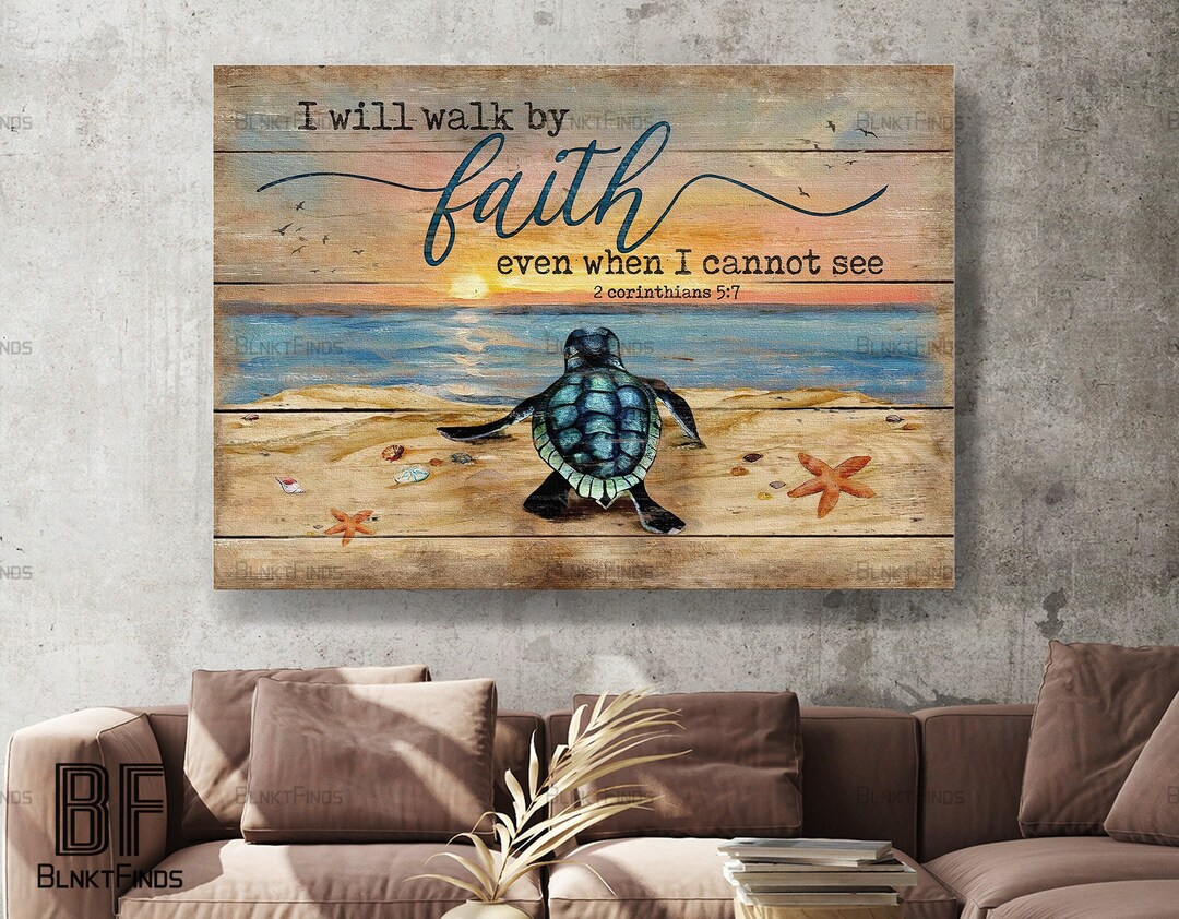 Sea Turtle Canvas, Walk by Faith Canvas, Sand Beach and Turtle Art ...