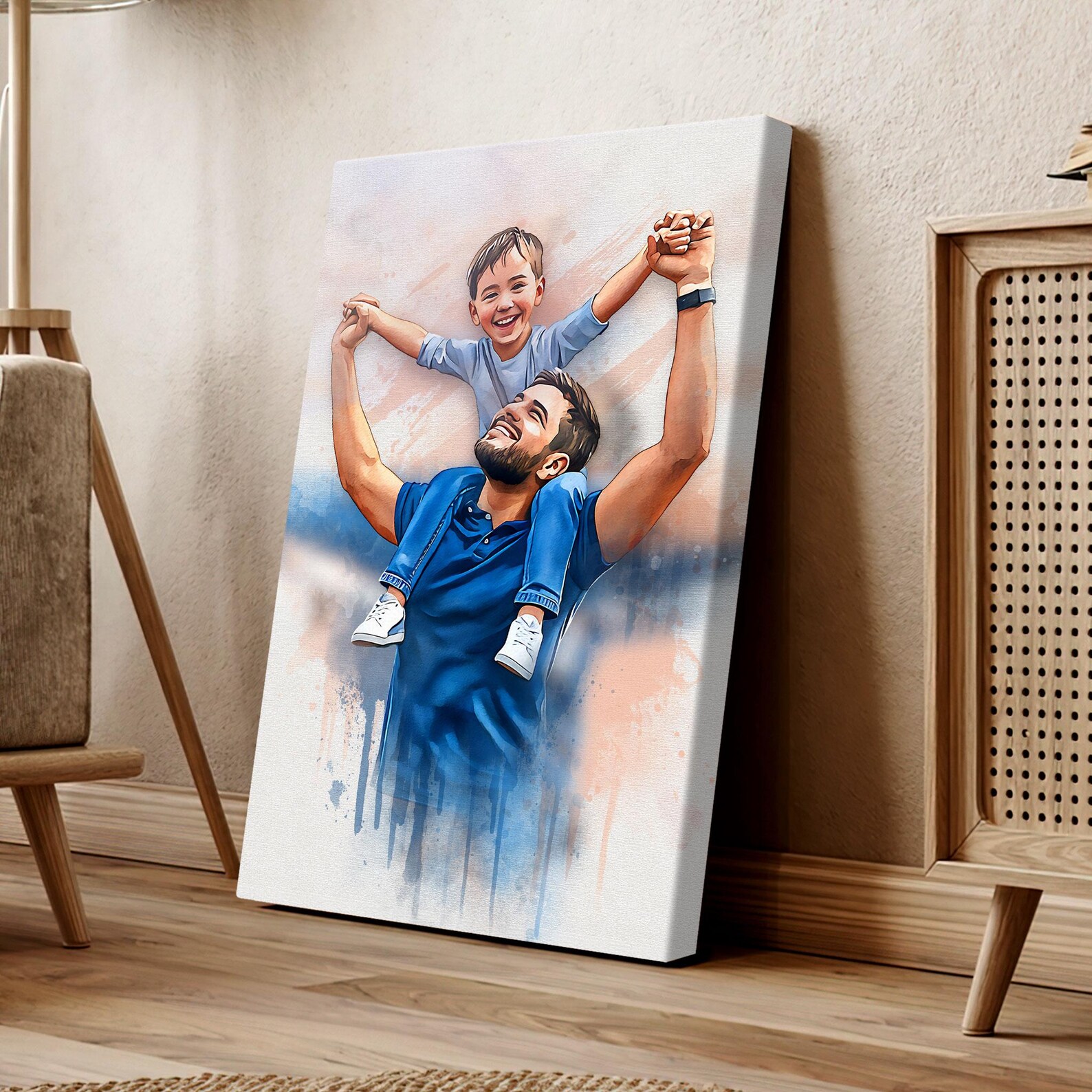 Custom Father and Son Portrait Canvas – Watercolor Style From Photo ...