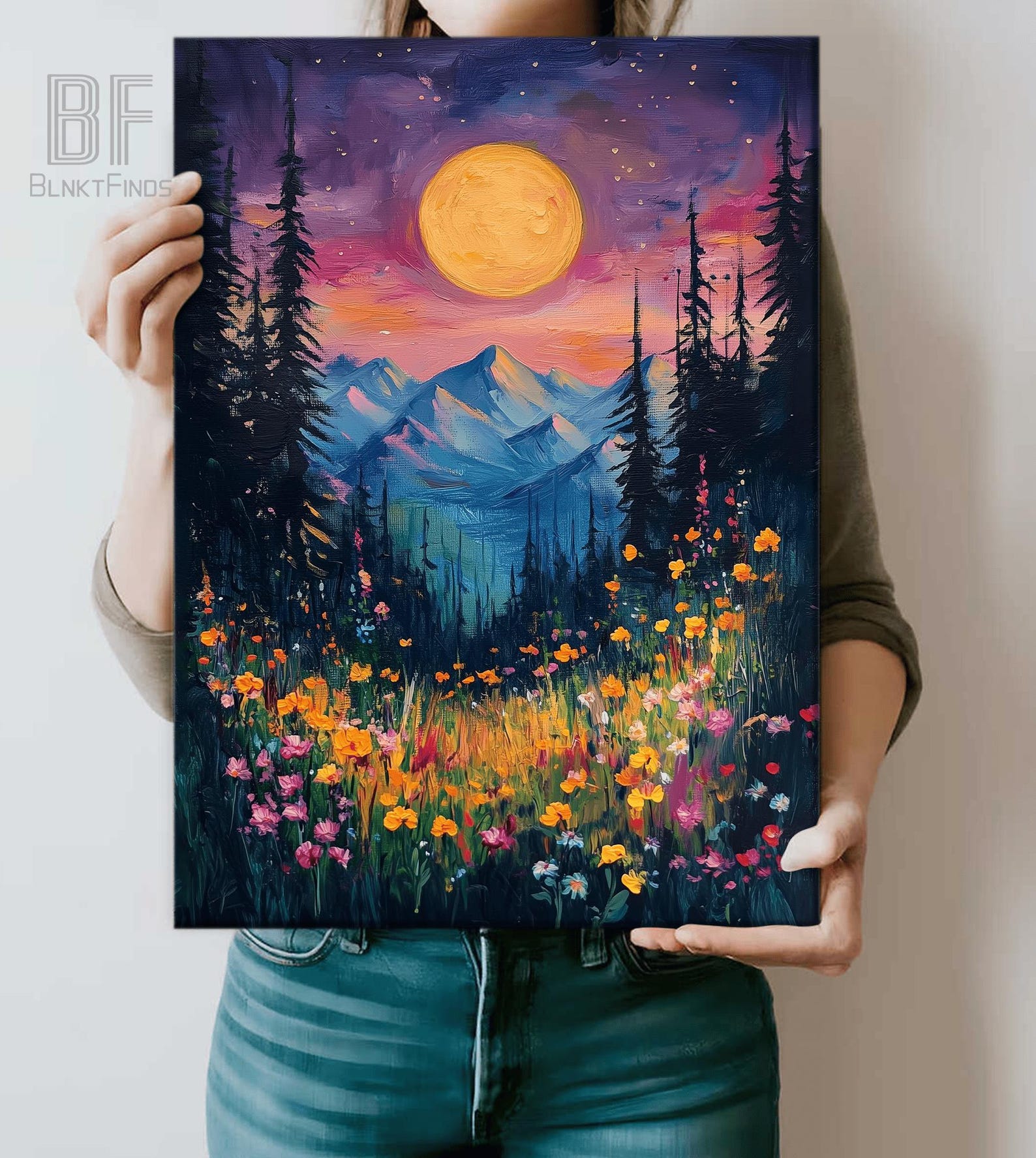 Moon Above Wildflowers and Woodland Canvas, Full Moon Nature Oil ...