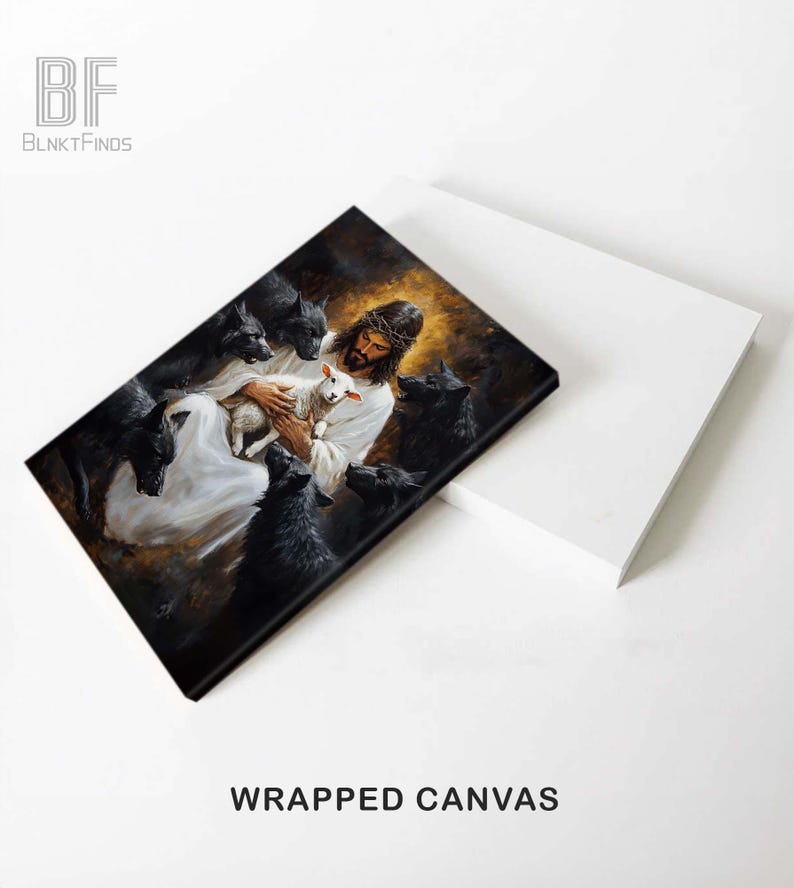 Jesus Protecting Lamb From Wolves Canvas, Spiritual Christian Art ...