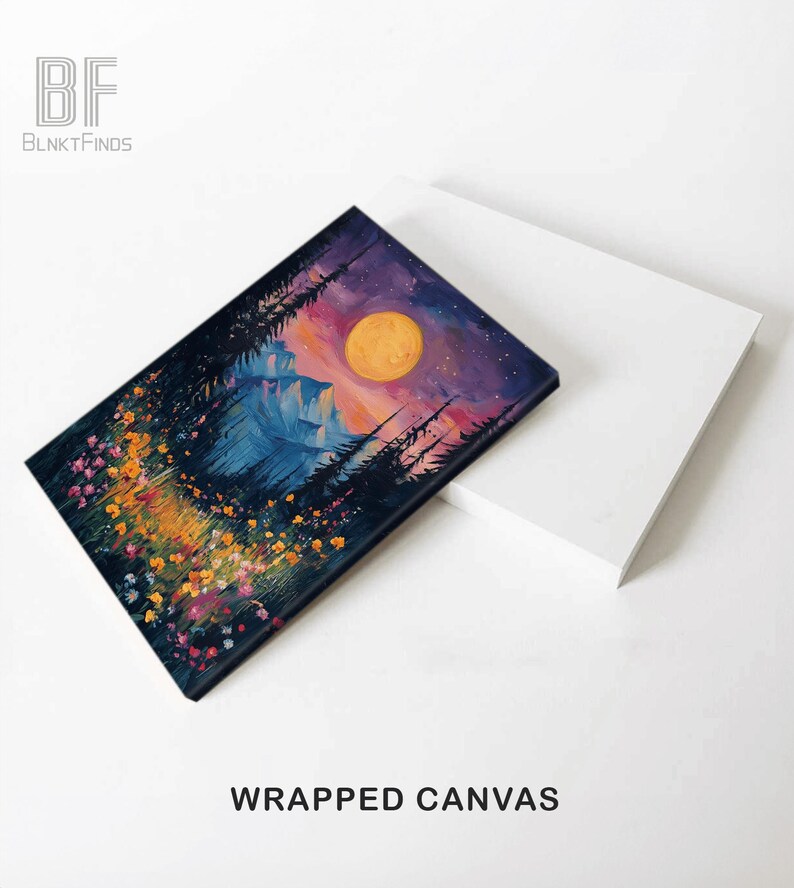 Moon Above Wildflowers and Woodland Canvas, Full Moon Nature Oil ...
