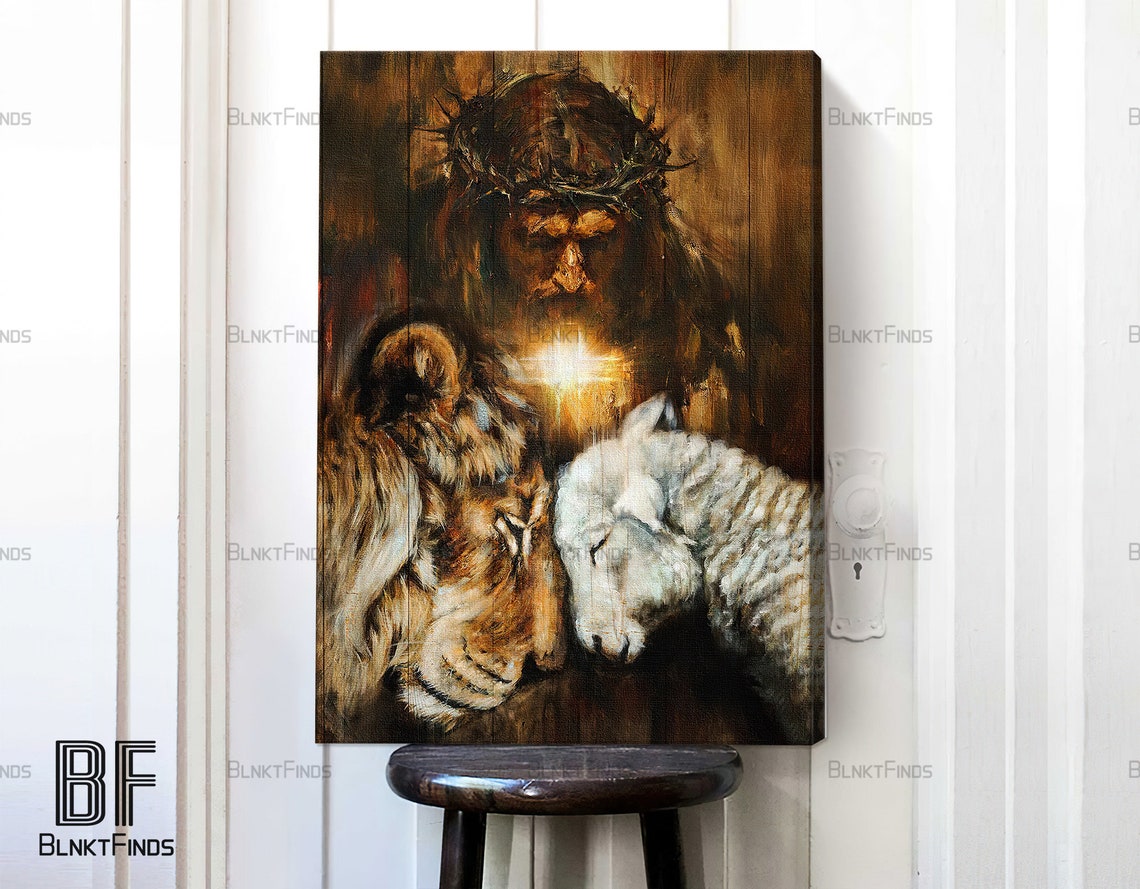 Jesus Painting Lion and Lamb Cross Symbol Beautiful Night - Etsy