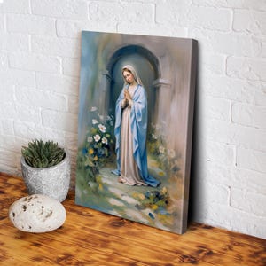 Virgin Mary Praying Spiritual Catholic Art Canvas, Mother Mary Blue ...