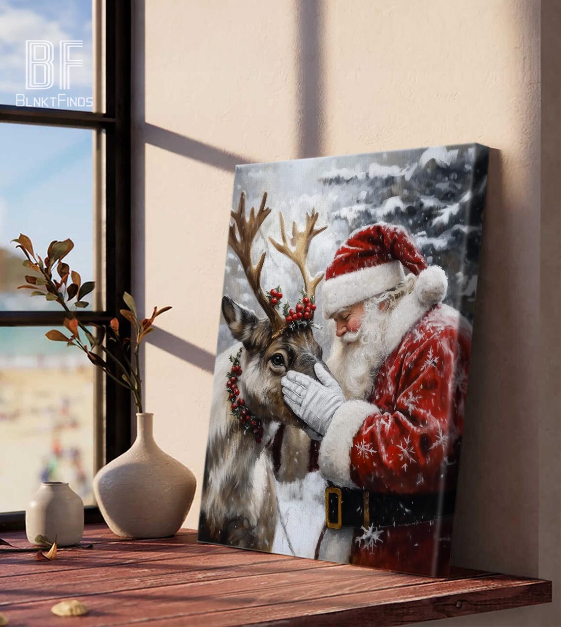 Santa Claus and Reindeer Canvas Art, Rustic Winter Scene Print, Cozy ...