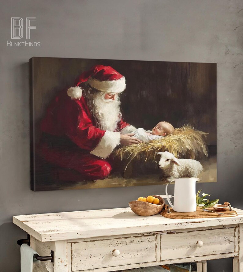 Santa and Baby Jesus Canvas, Christmas Nativity Wall Art, Santa ...