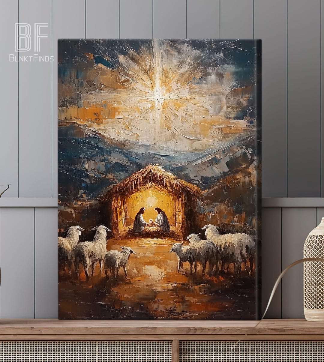 Nativity Scene Christmas Canvas Wall Art, Festive Winter Oil Painting ...