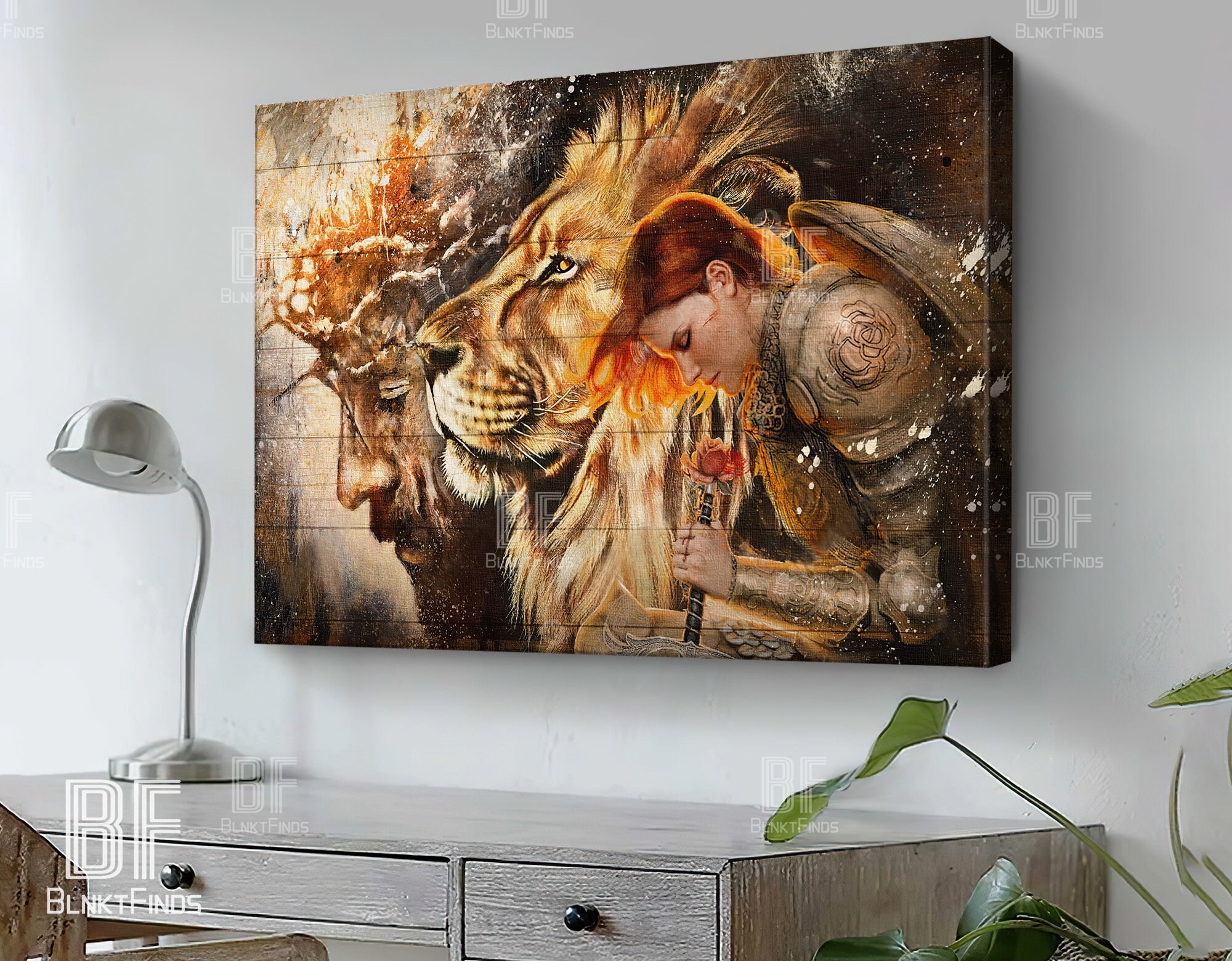 Female Knight, Lion and Jesus Art Canvas, Praying to Jesus, Lion of ...