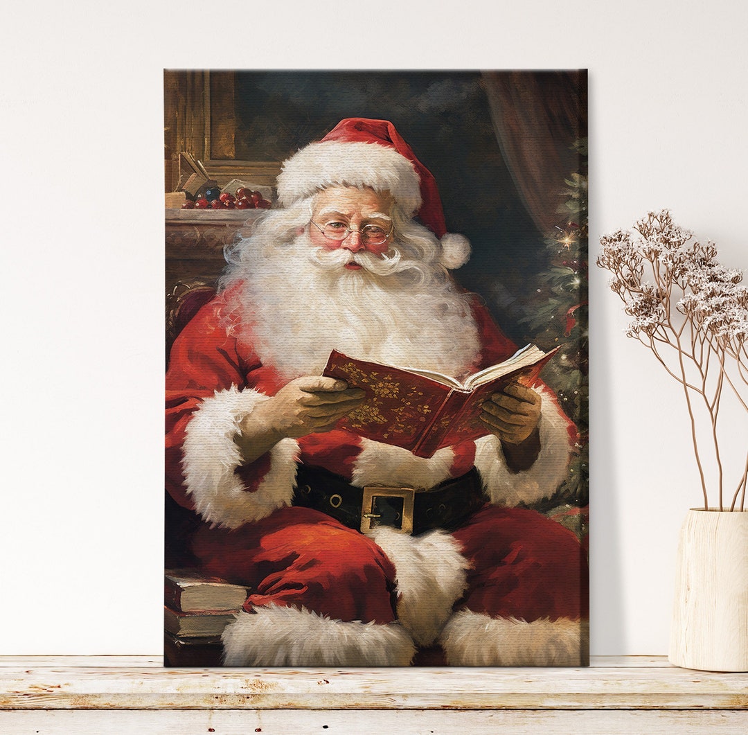 Vintage Santa Reading Book Christmas Wall Art CANVAS, Oil Painting ...