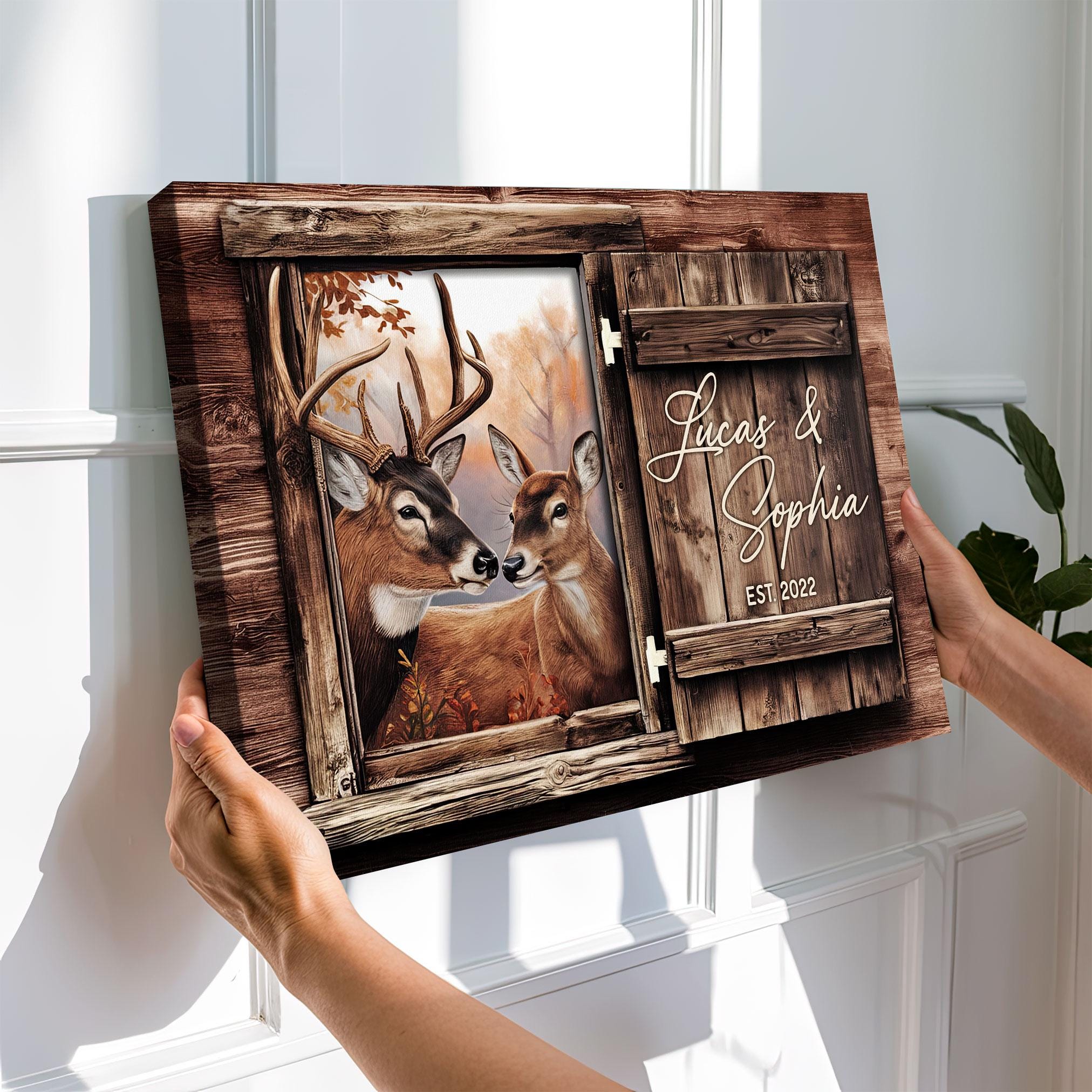 Personalized Deer Couple Canvas, Rustic Woodland Love Wall Art, Custom ...