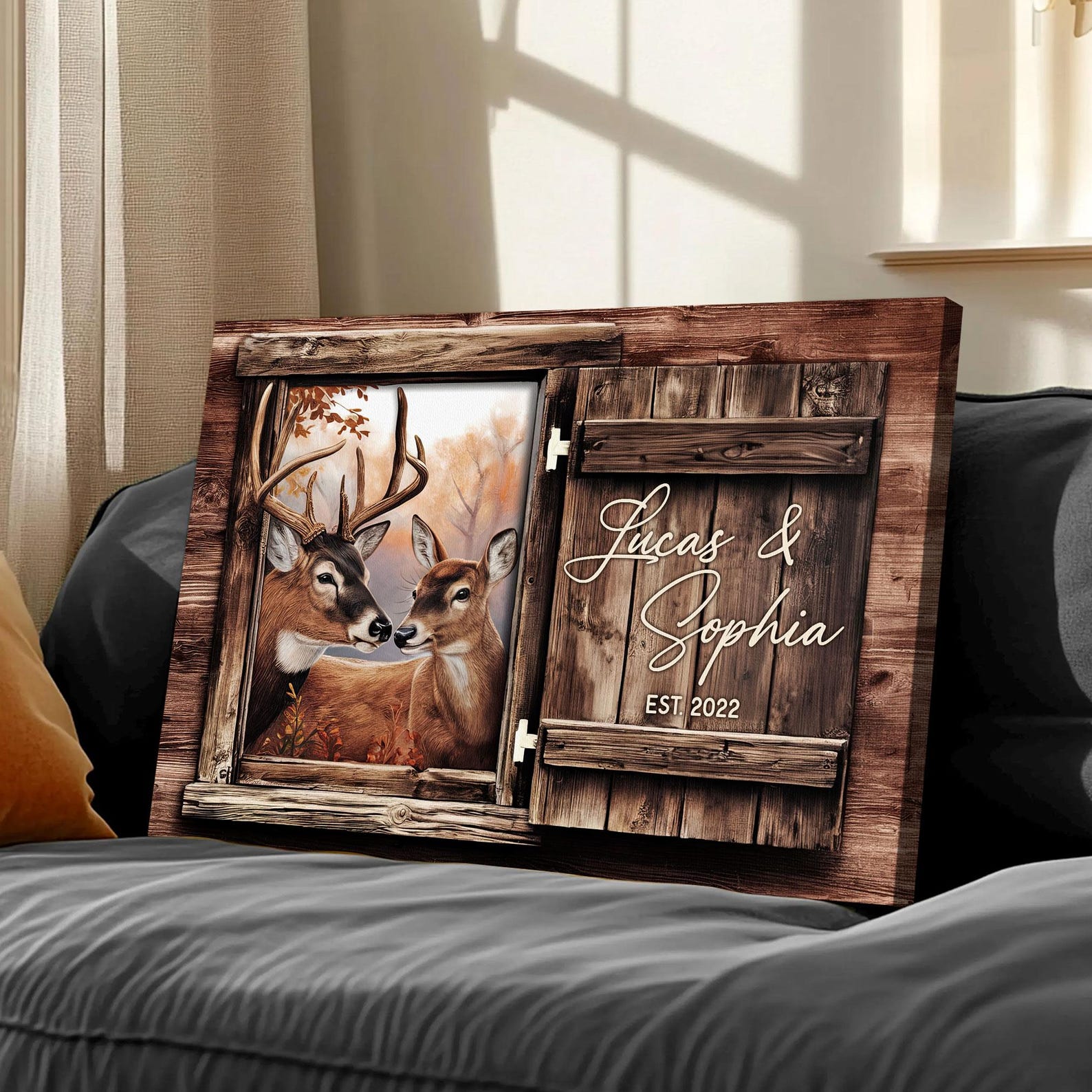 Personalized Deer Couple Canvas, Rustic Woodland Love Wall Art, Custom ...