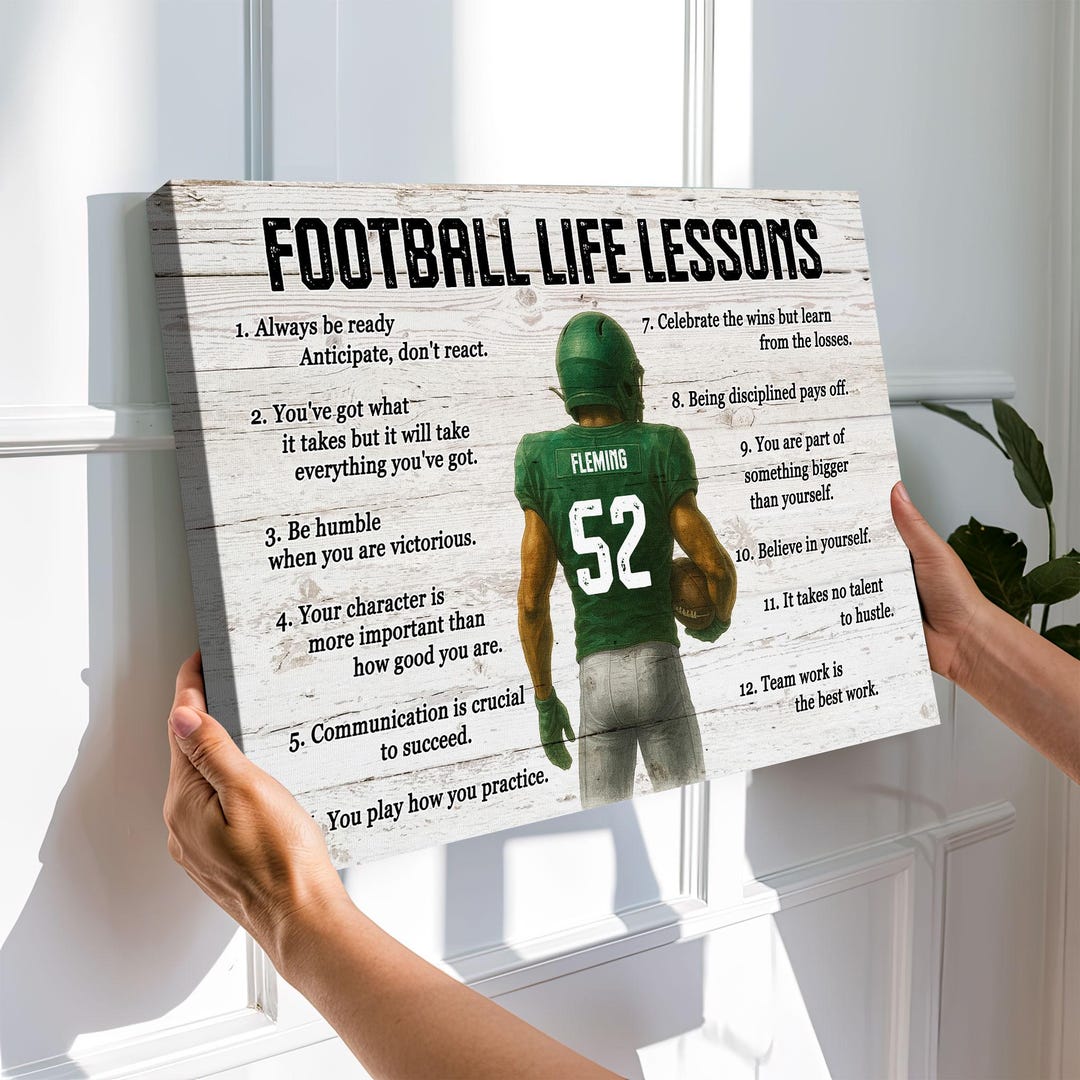 Football Life Lessons Green Canvas, Football Player Name Number, Gift ...