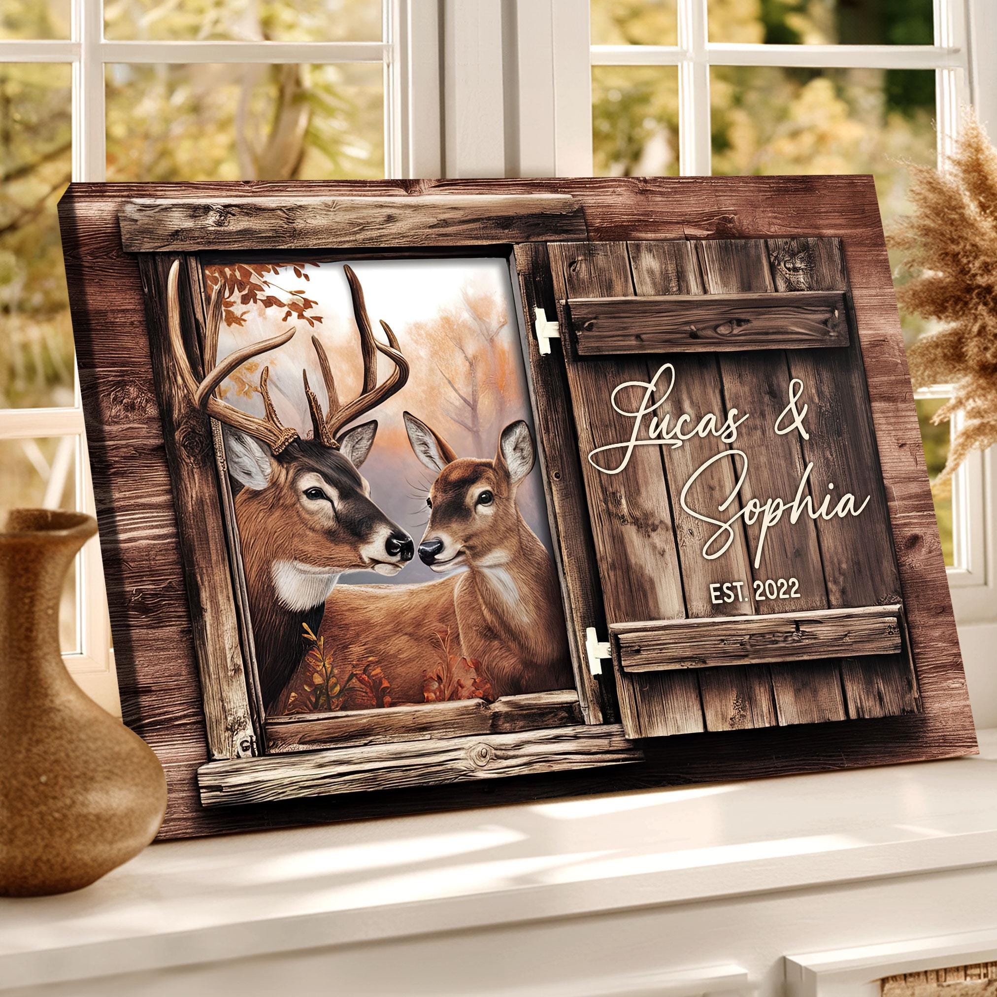 Personalized Deer Couple Canvas, Rustic Woodland Love Wall Art, Custom ...