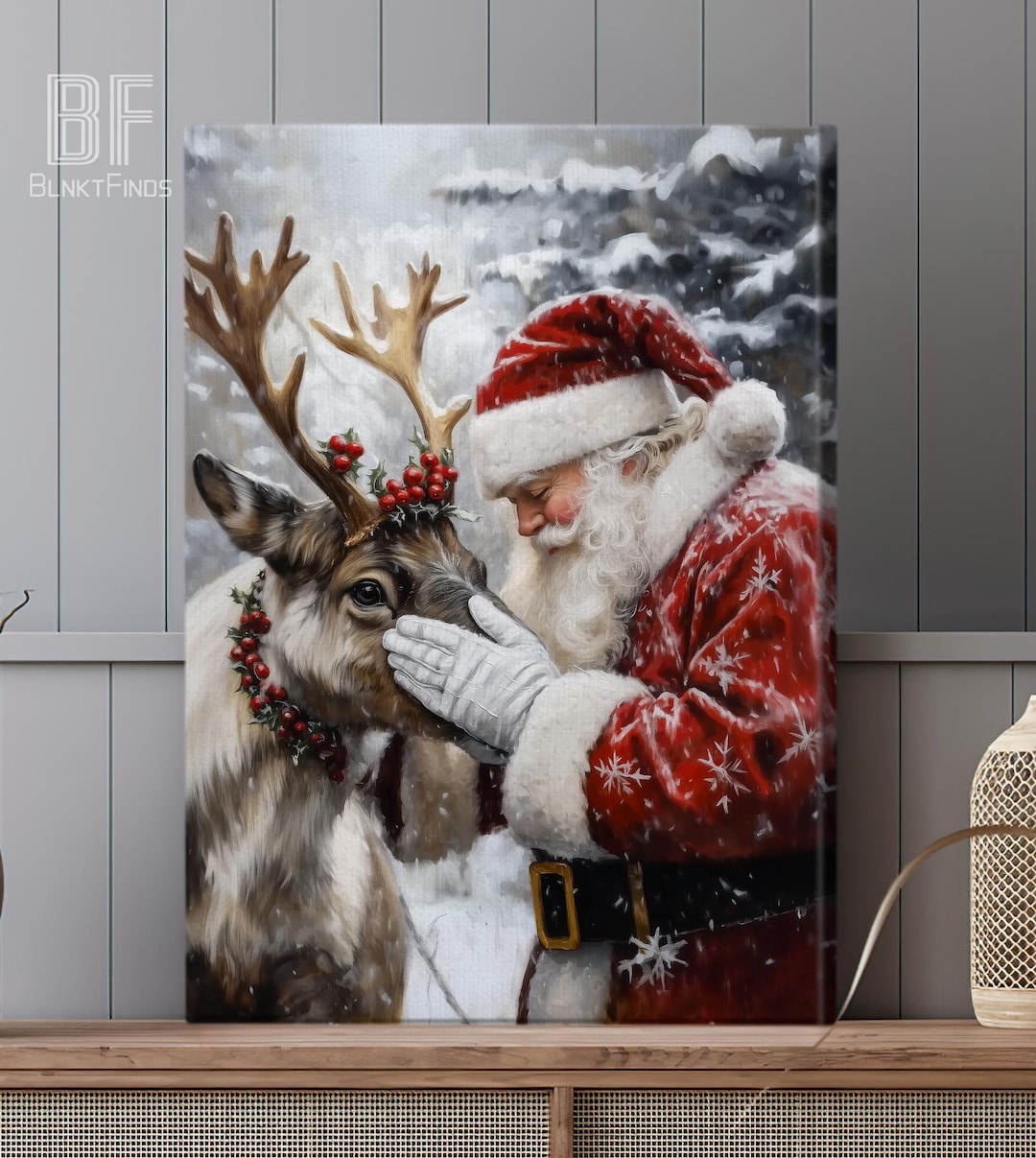 Santa Claus and Reindeer Canvas Art, Rustic Winter Scene Print, Cozy ...