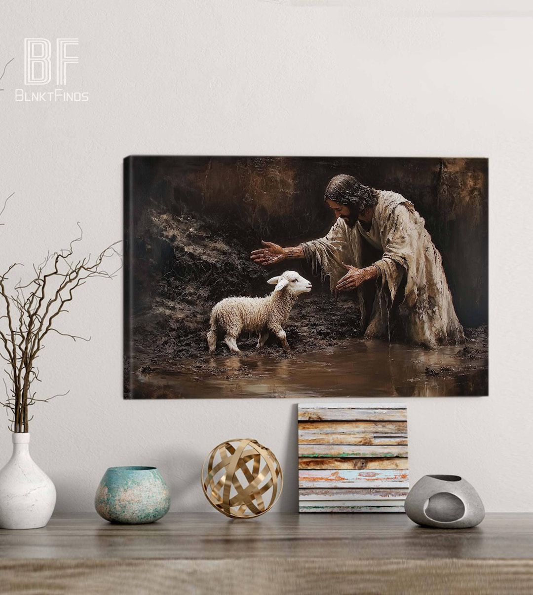 Jesus Rescuing Lost Lamb Canvas, Spiritual Christian Art, Compassionate ...