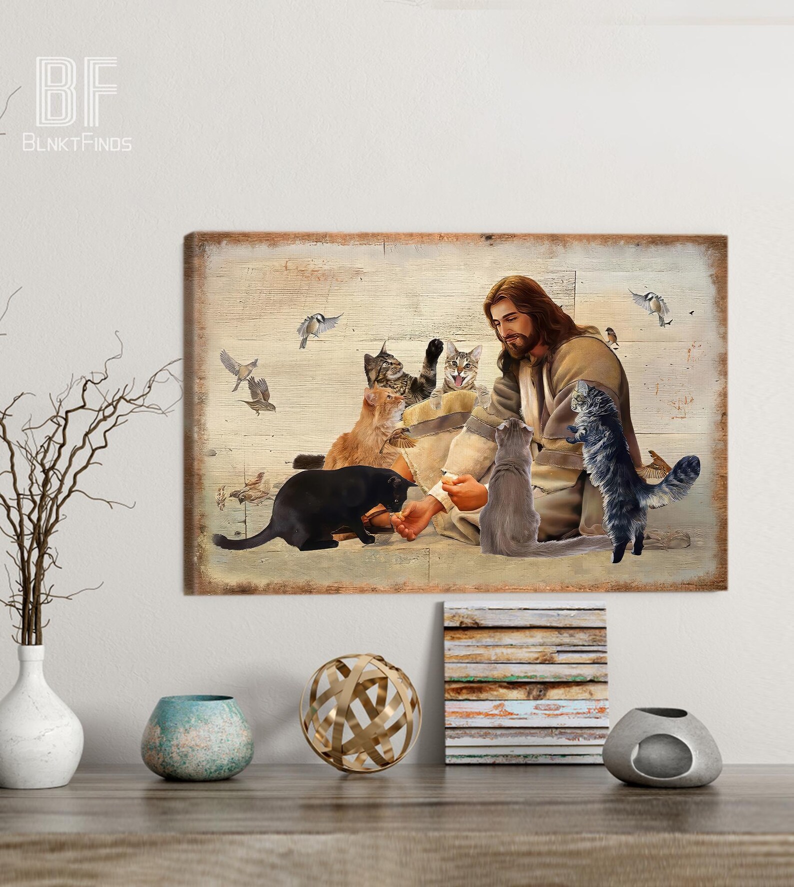Jesus Hug Cats Canvas, Tranquil Farm Art, Cats With Jesus Painting, God ...