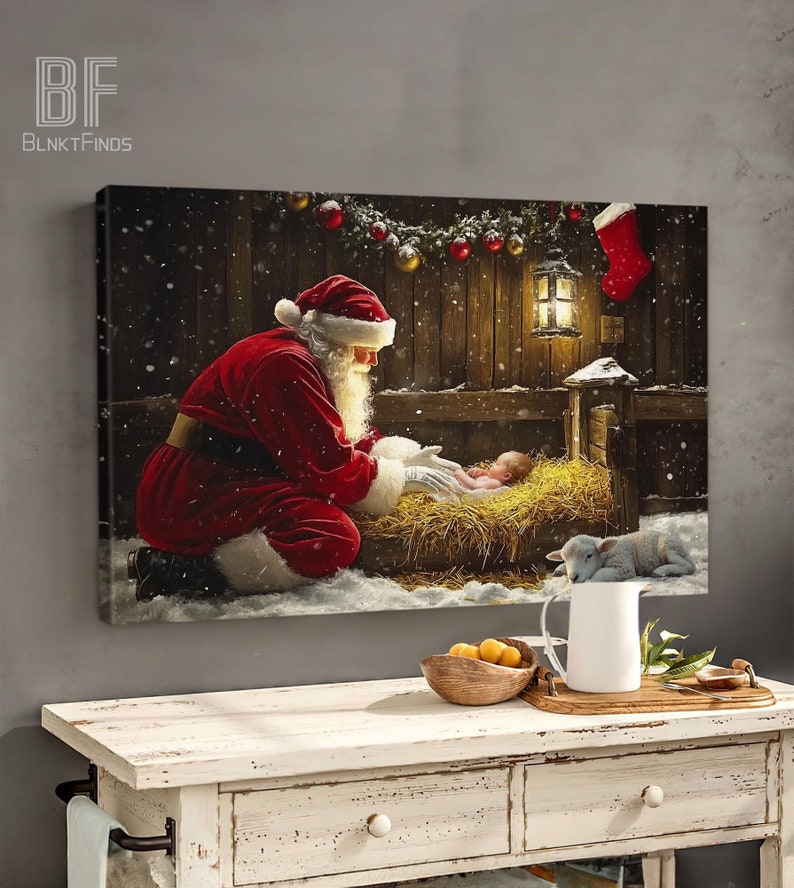 Santa Kneeling by the Manger Canvas, Nativity Christmas Wall Art ...