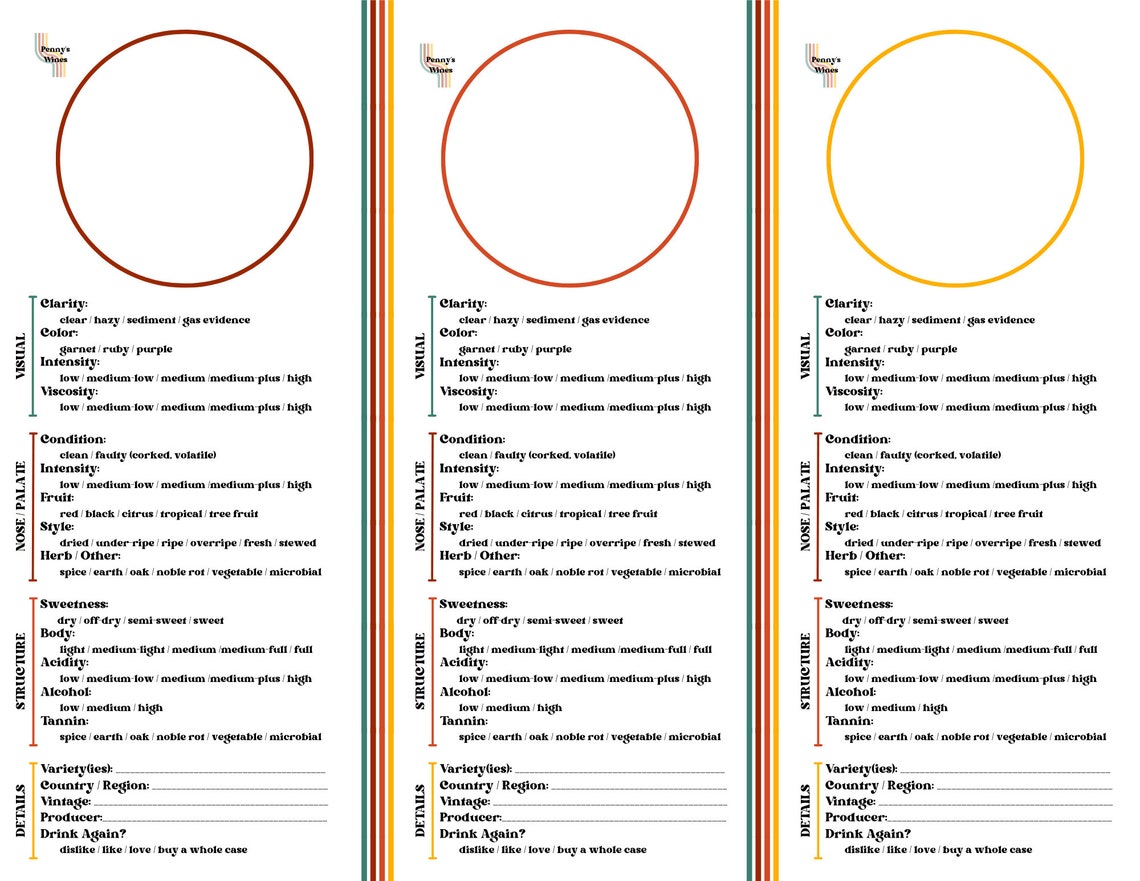Retro Wine Tasting Sheet 3 Wine Tasting Sheet Printable Wine - Etsy