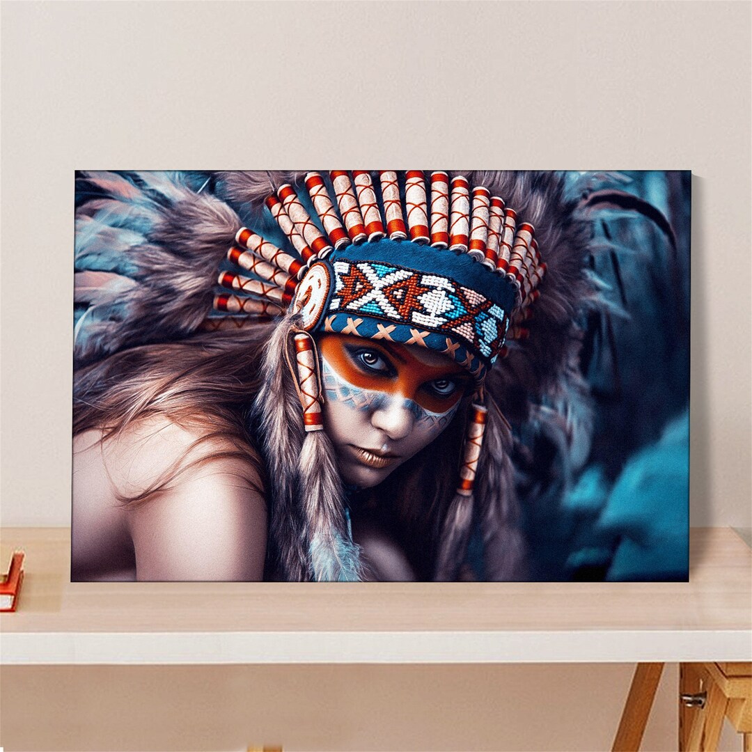 American Indian Wall Art Decor Indian Beauty Feather Headdress Girl Art ...