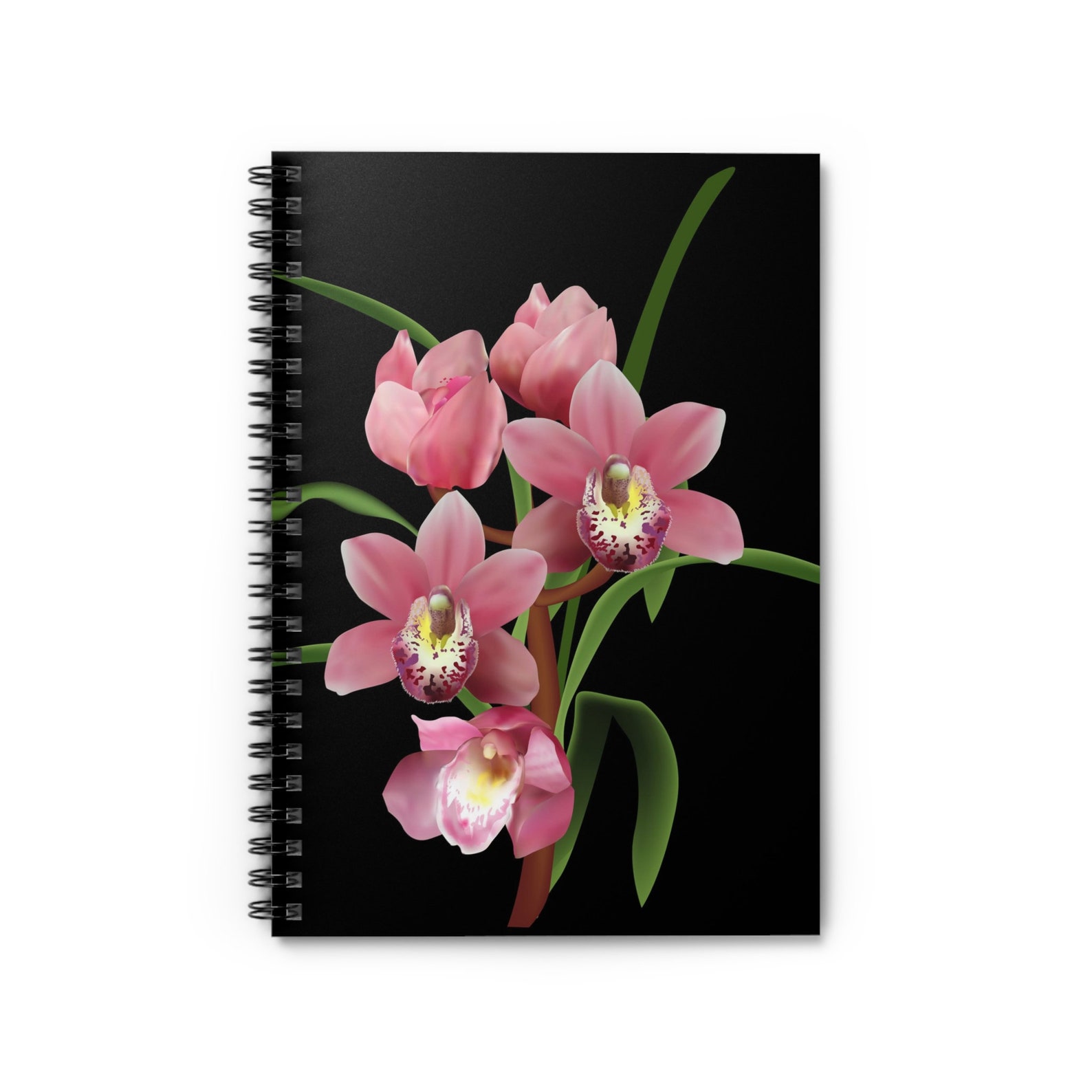 Spiral Notebook Ruled Line: Black With Pink Orchids, Orchid Notebook, Black Notebook, Floral ...