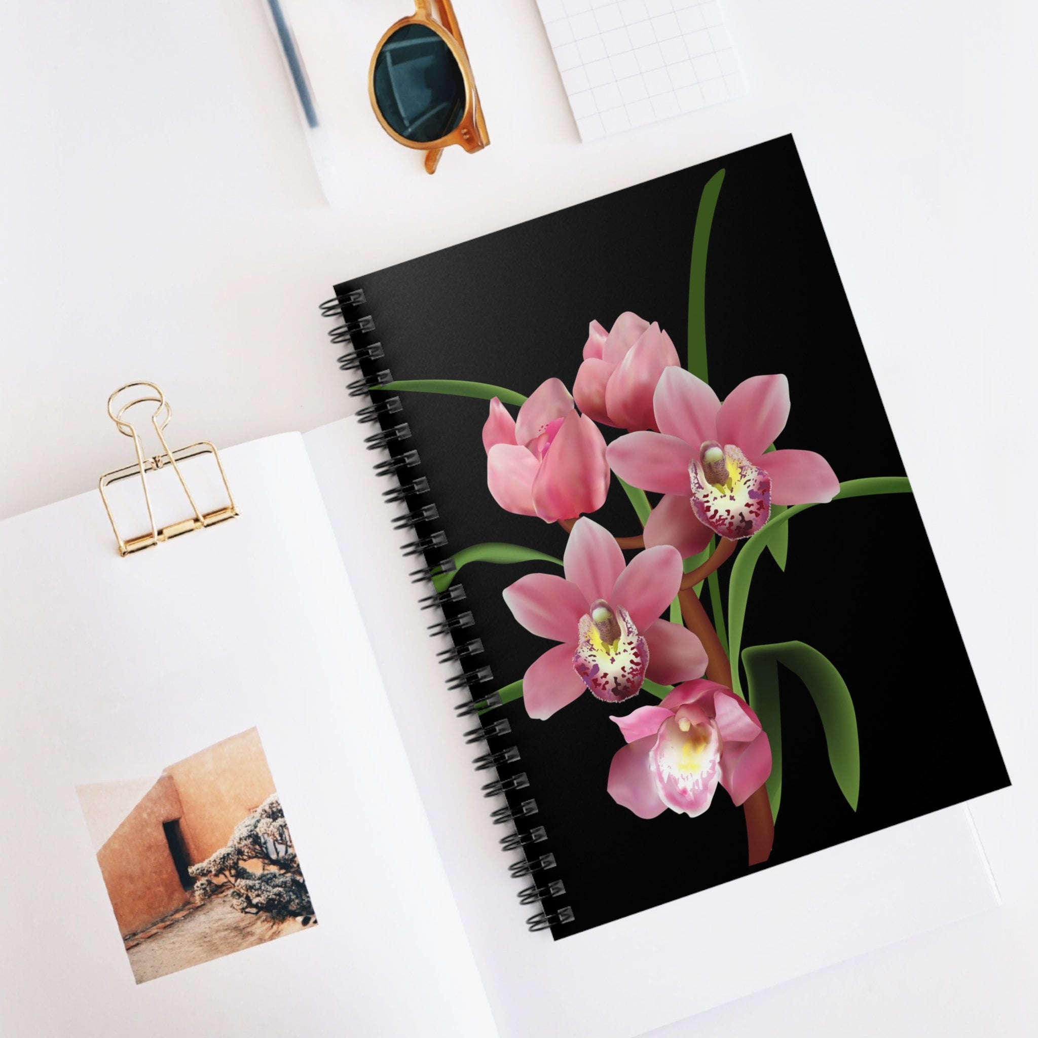 Spiral Notebook Ruled Line: Black With Pink Orchids, Orchid Notebook, Black Notebook, Floral ...