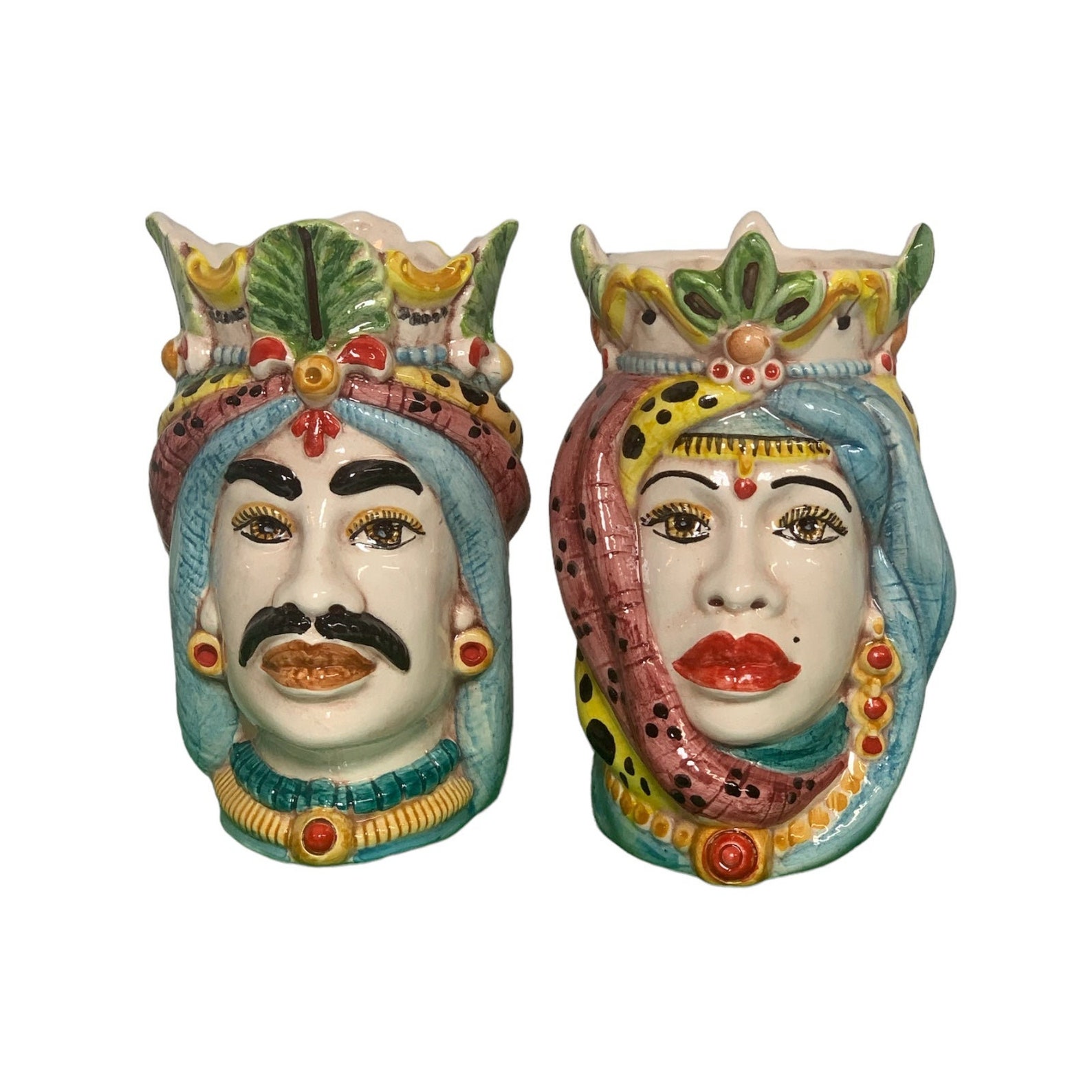 Couple of Teste Di Moro in Caltagirone Ceramic, H Approx. 18cm. Crown ...