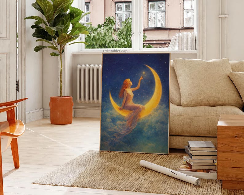 Impressão artística de mulher celestial com lua, decoração de parede de ...