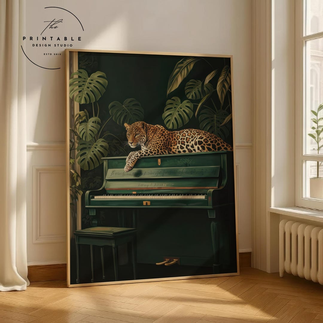 Elegant Leopard Wall Art on Green Piano Jungle Animal Print Maximalist ...