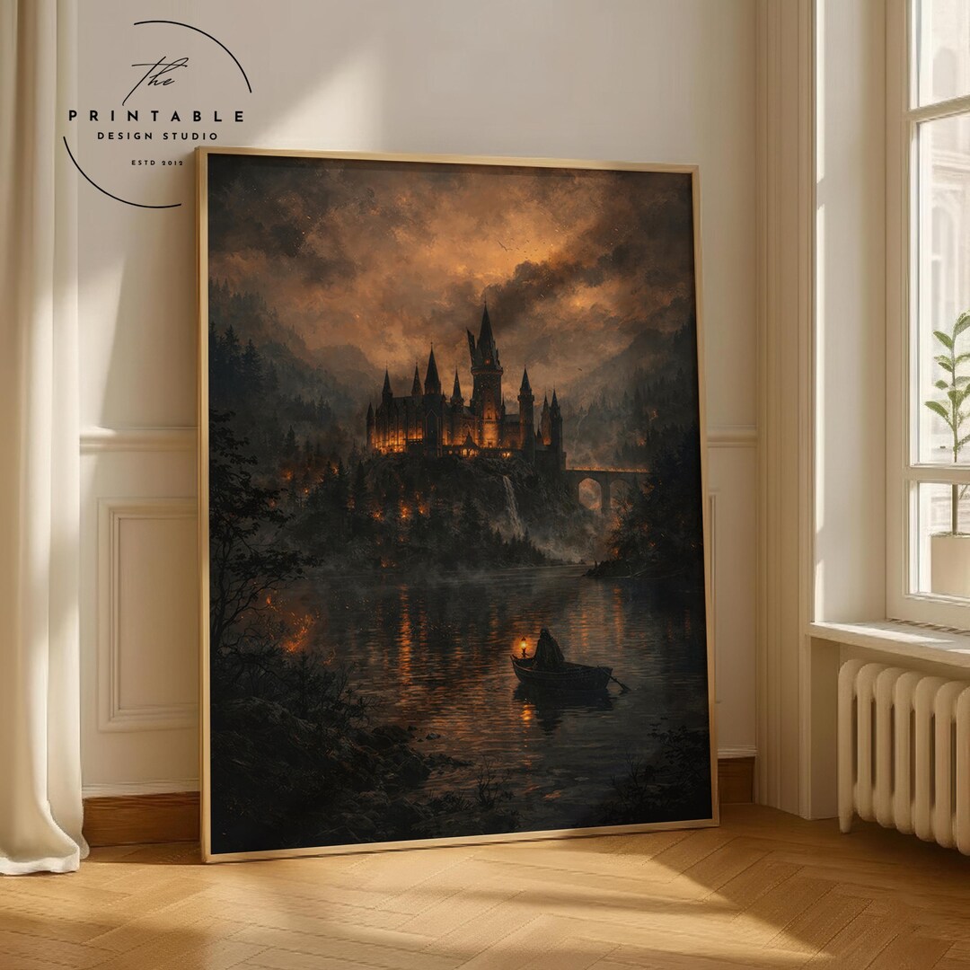 Dark Academia Wall Art, Wizard School Over Lake Painting, Gothic Castle ...