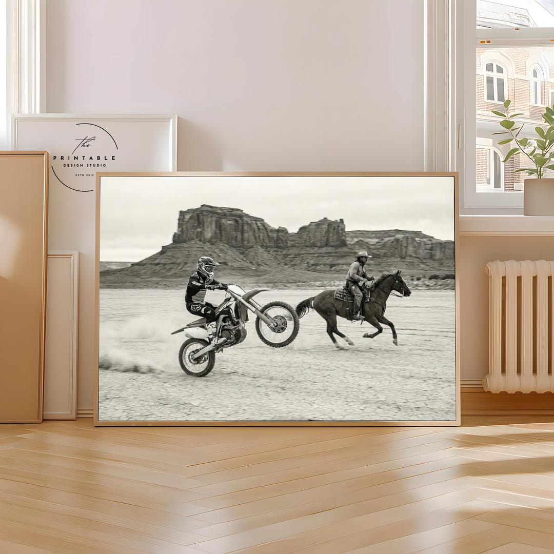 Black & White Motocross Horse Racing Wall Art – Western Desert Action ...