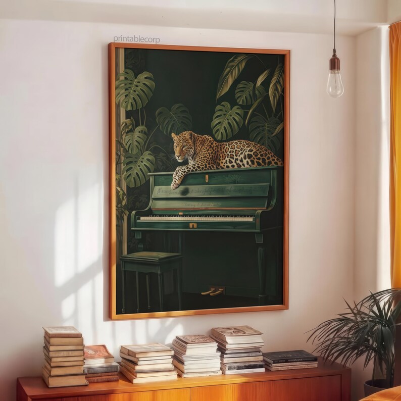 Elegant Leopard Wall Art on Green Piano Jungle Animal Print Maximalist ...