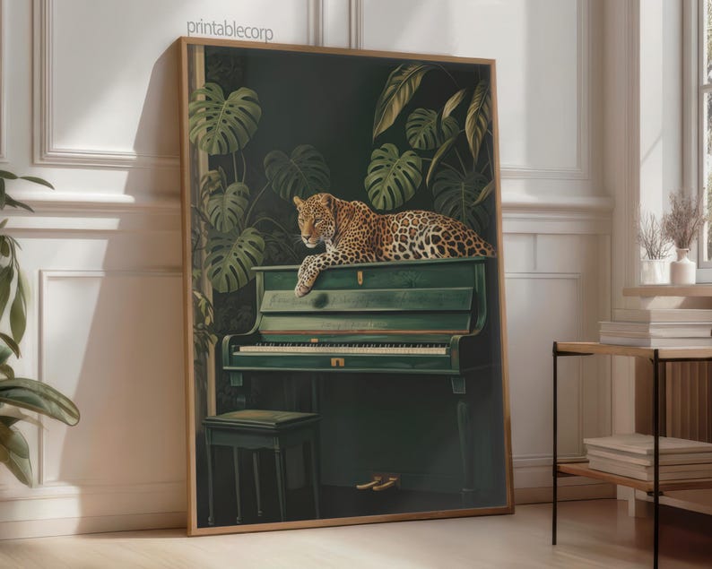 Elegant Leopard Wall Art on Green Piano Jungle Animal Print Maximalist ...