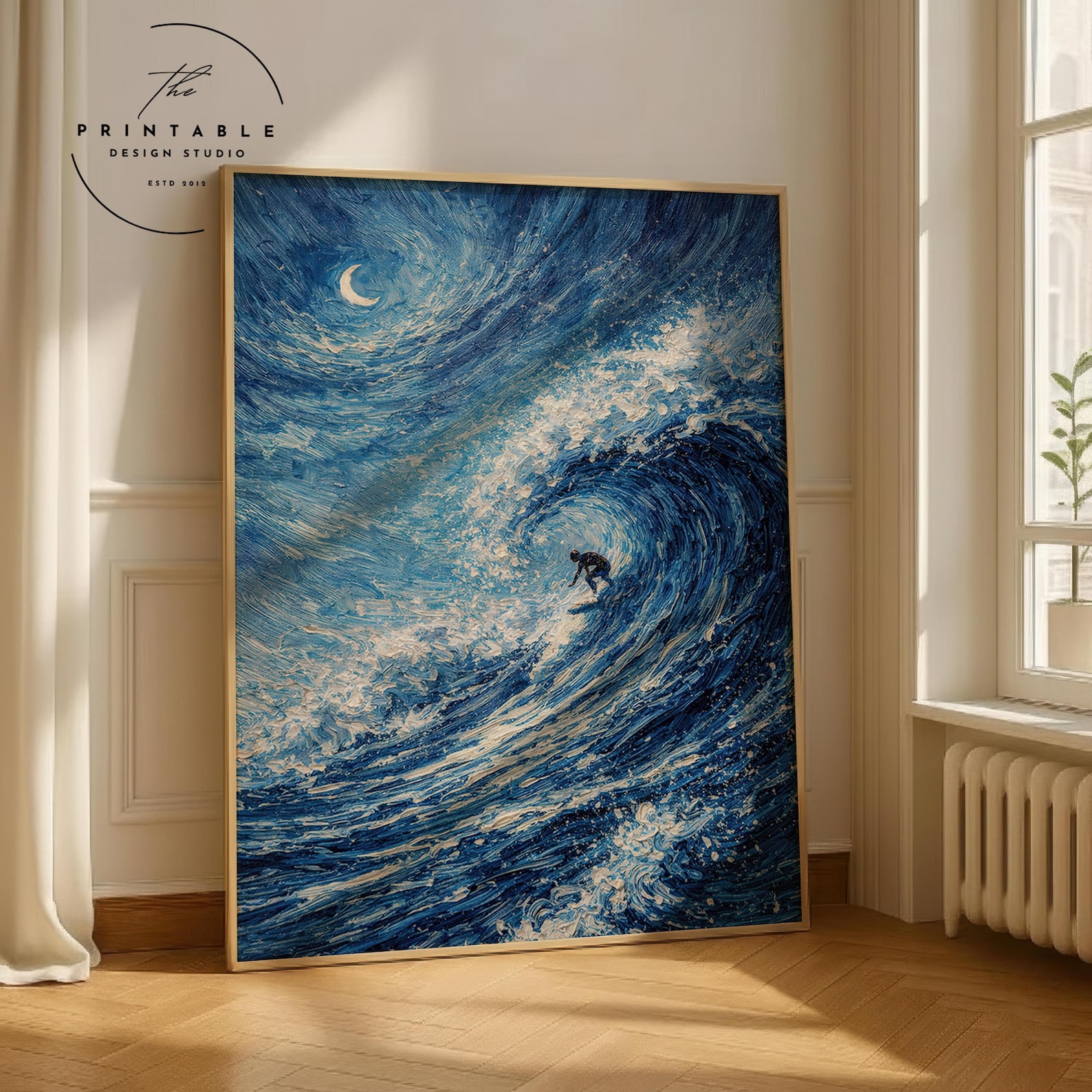 Great Wave Surfer Oil Painting, Ocean Wall Art, Surfing Poster, Blue ...