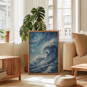 Great Wave Surfer Oil Painting, Ocean Wall Art, Surfing Poster, Blue ...