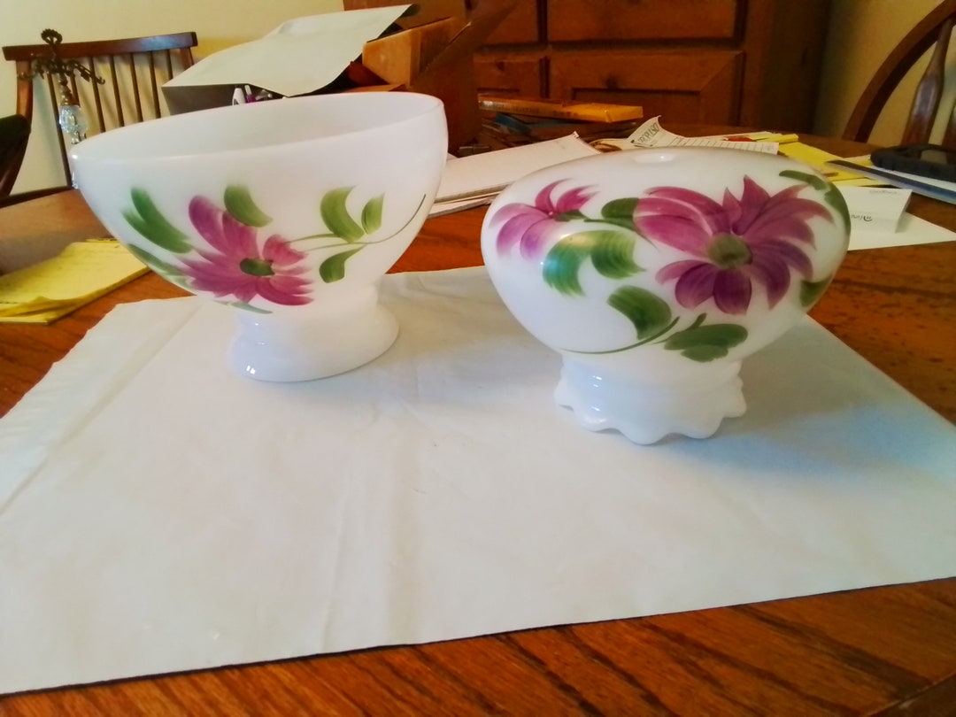 Vintage Milk Glass Lamp Shade and Bass. Looks Like Hand Painted Flowers ...