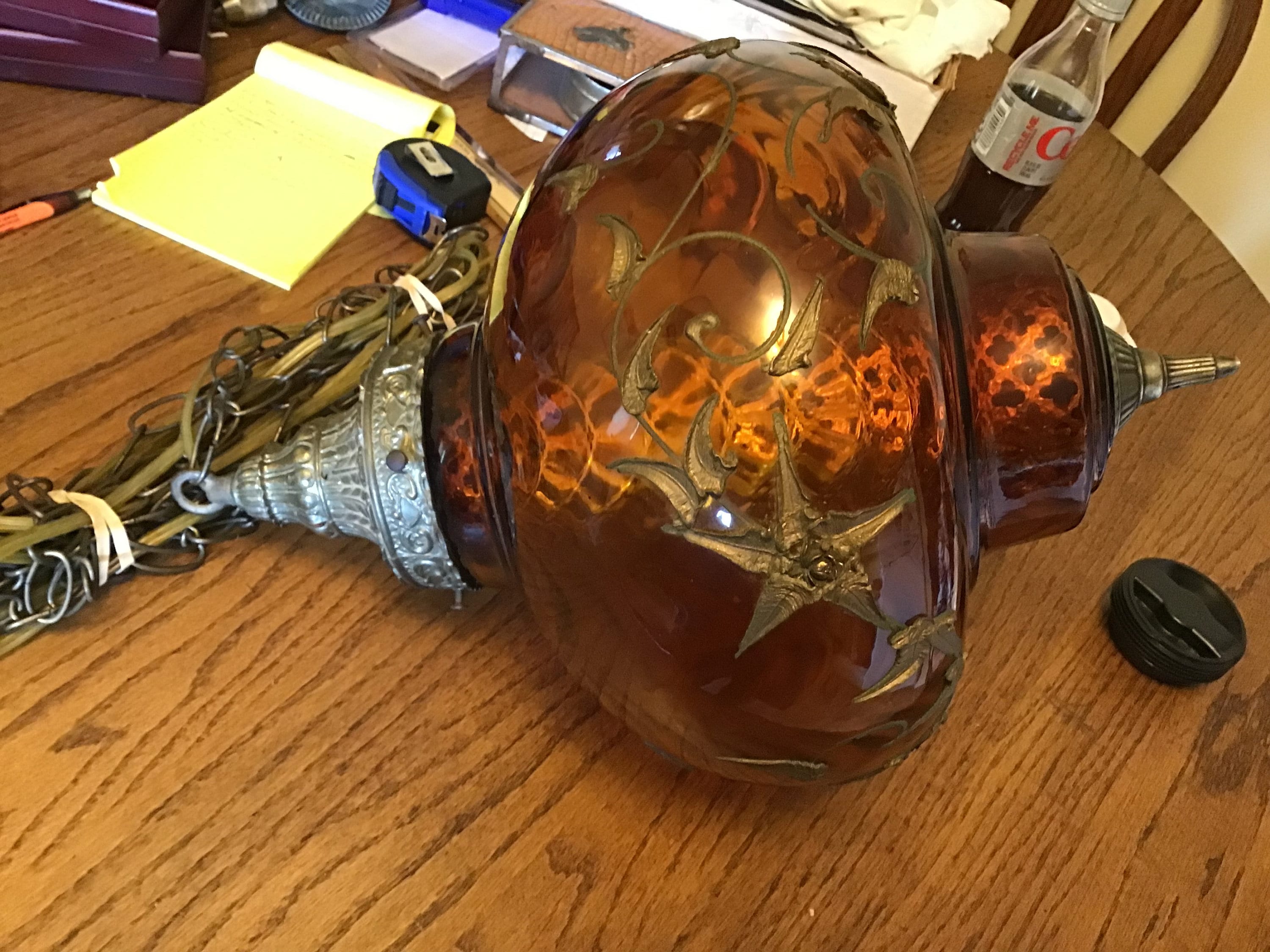 Vintage Working Mid Century Amber Round Globe Swag Hanging Light ...