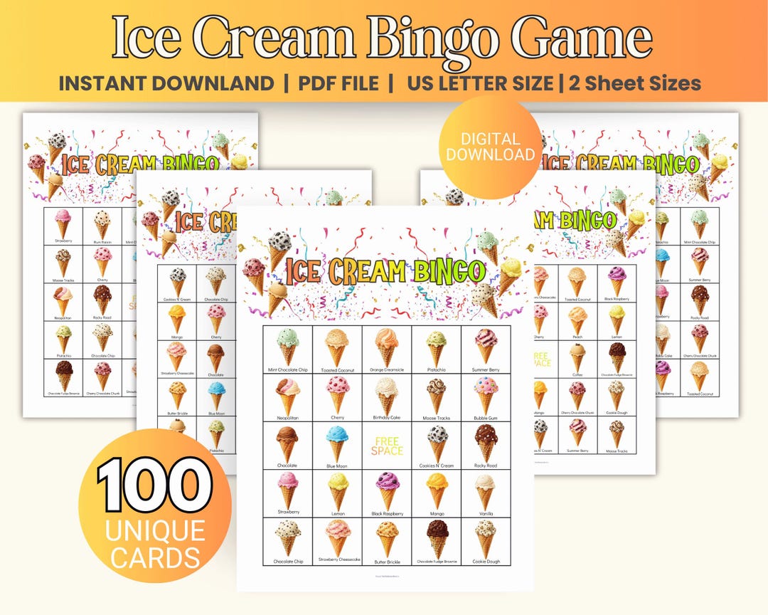 Ice Cream Bingo Game Printable, Popular Ice Cream Flavors, Summer Party ...