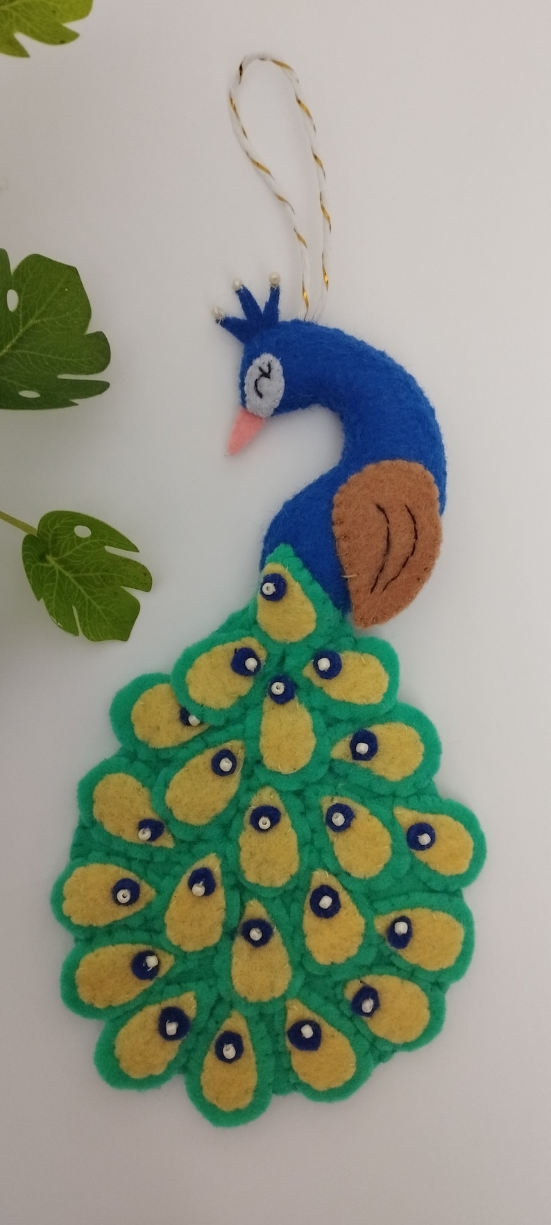 Peacock Felt Ornament, Handmade Tree Hanging, Felt Bird Charm, Blue ...