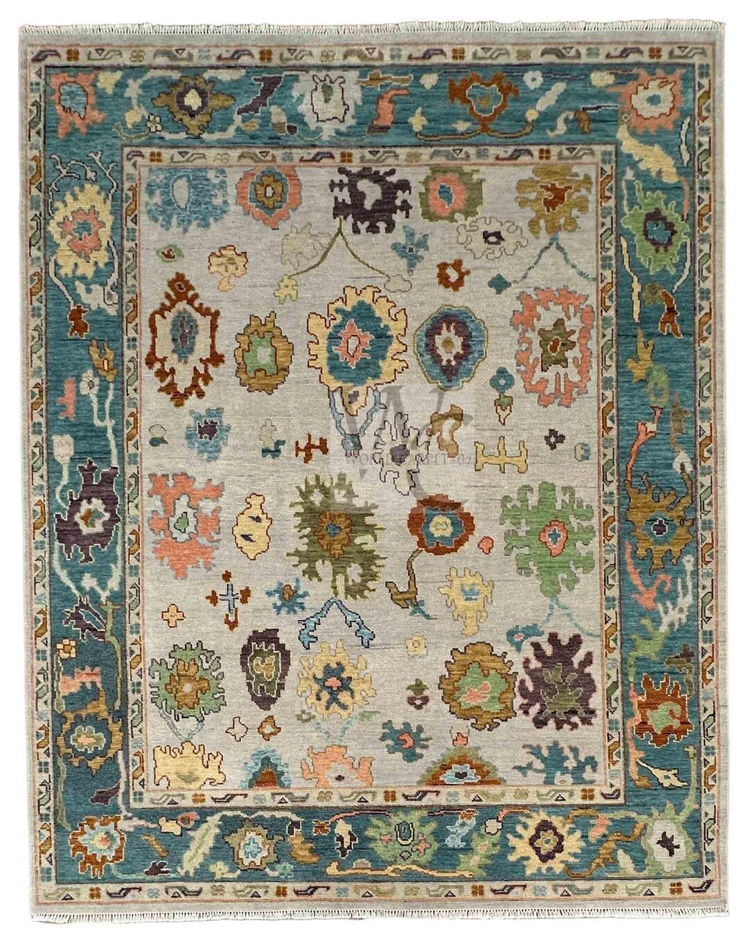 Natural Ivory Pannel Feded Blue Turkish Oushak Made in 100% Wool ...