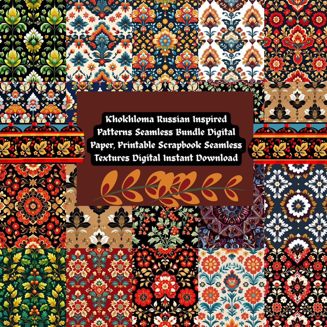 Khokhloma Russian Inspired Patterns Seamless Bundle Digital Paper ...