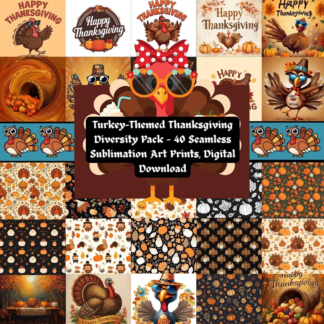 Turkey-themed Thanksgiving Diversity Pack – 40 Seamless Sublimation Art ...