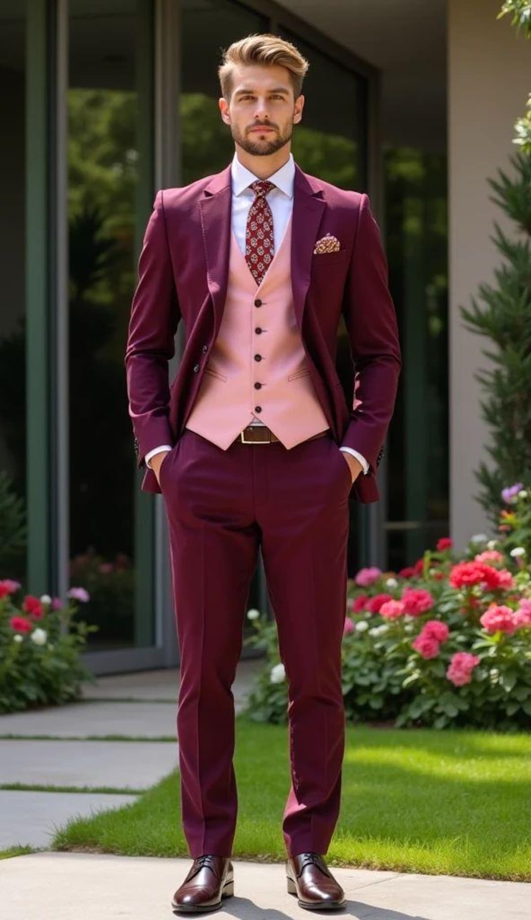 Maroon 3-piece Tuxedo Suit With Pink Vest: Wedding Groom Attire - Etsy