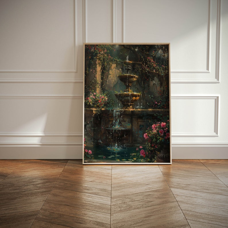 Garden Fountain Oil Painting, Garden Fountain Wall Art, Garden Fountain ...